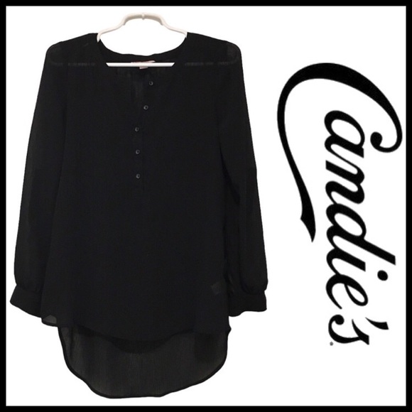 Candie's | Tops | Candies Black Tunic Blouse Sheer Half Button Long ...
